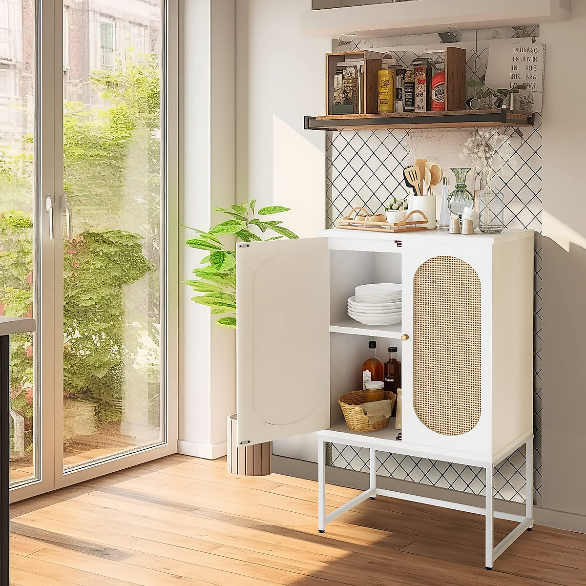 Lamerge Rattan Cabinet,2 Door Sideboard Buffet Cupboard Accent High Cabinet with Natural Rattan,Free Standing Bookmatch,Adjustable Shelves,Easy Assembly,White (LRC-W)