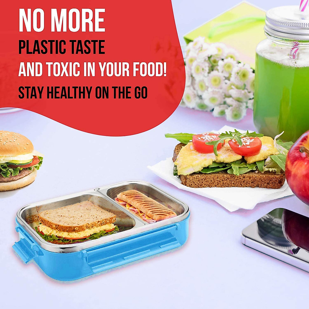 Signoraware Stainless Steel Bento Box For Men, Blue, 34 Oz, Leakproof Between 2 Compartments, Portion Control, Easy To Carry