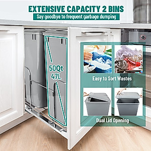 Pull-Out Trash Can, 50Qt Double Bins, Under Mount Waste Container with Soft-Close Slides, 176 lbs Load Capacity & Door-Mounted Brackets Garbage Recycling Bin with Lids for Kitchen Home Cabinet (2pack)