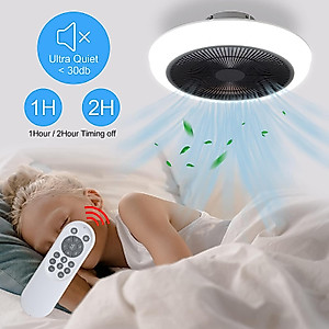 HJGBRC Modern Ceiling Fan with Lights, 18'' Low Profile, 3-Speed, Reversible, Quiet, Remote Control, 3 Color, Enclosed, Indoor, LED, Black, HJGBRC-FSDH-001