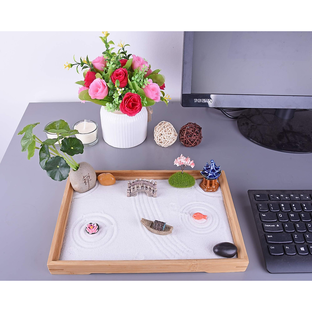 Japanese Zen Garden - Home & Office Desk Mini Garden with Rock Vase Fish Bridge Boat Cherry Trees - Meditation Gift Set for Relaxation - 3 Rake Tools and Zen Accessories (Rectangular)