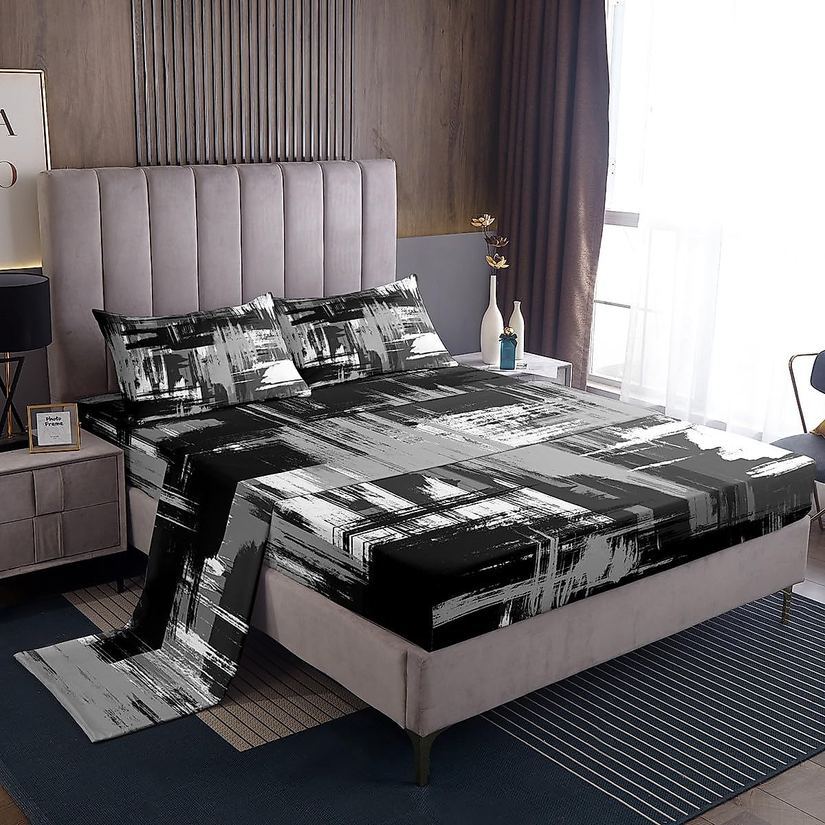 Feelyou Grey Black White Abstract Bed Sheets Set King Size Geometric Sheet Set for Kids Stripe Line Sheets with Deep Pocket Fitted Sheet Women Men Teens Ultra Soft Decor Modern Art Bedding Set