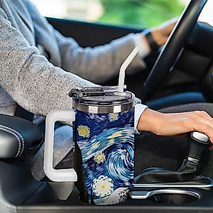 40 Oz Starry Night Insulated Stainless Steel Tumbler with Handle & Straw Lid, Reusable Travel Cupholder Friendly Mug for Coffee, Water, Tea