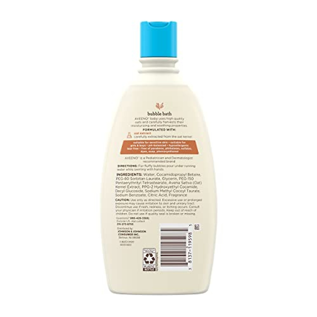 Aveeno Baby Sensitive Skin Bubble Bath with Oat Extract, Gently Cleanses and Leaves Skin Feeling Hydrated, Tear-Free Formula, Hypoallergenic, Paraben-, Phthalate-, Soap- & Dye-Free, 19.2 fl. Oz