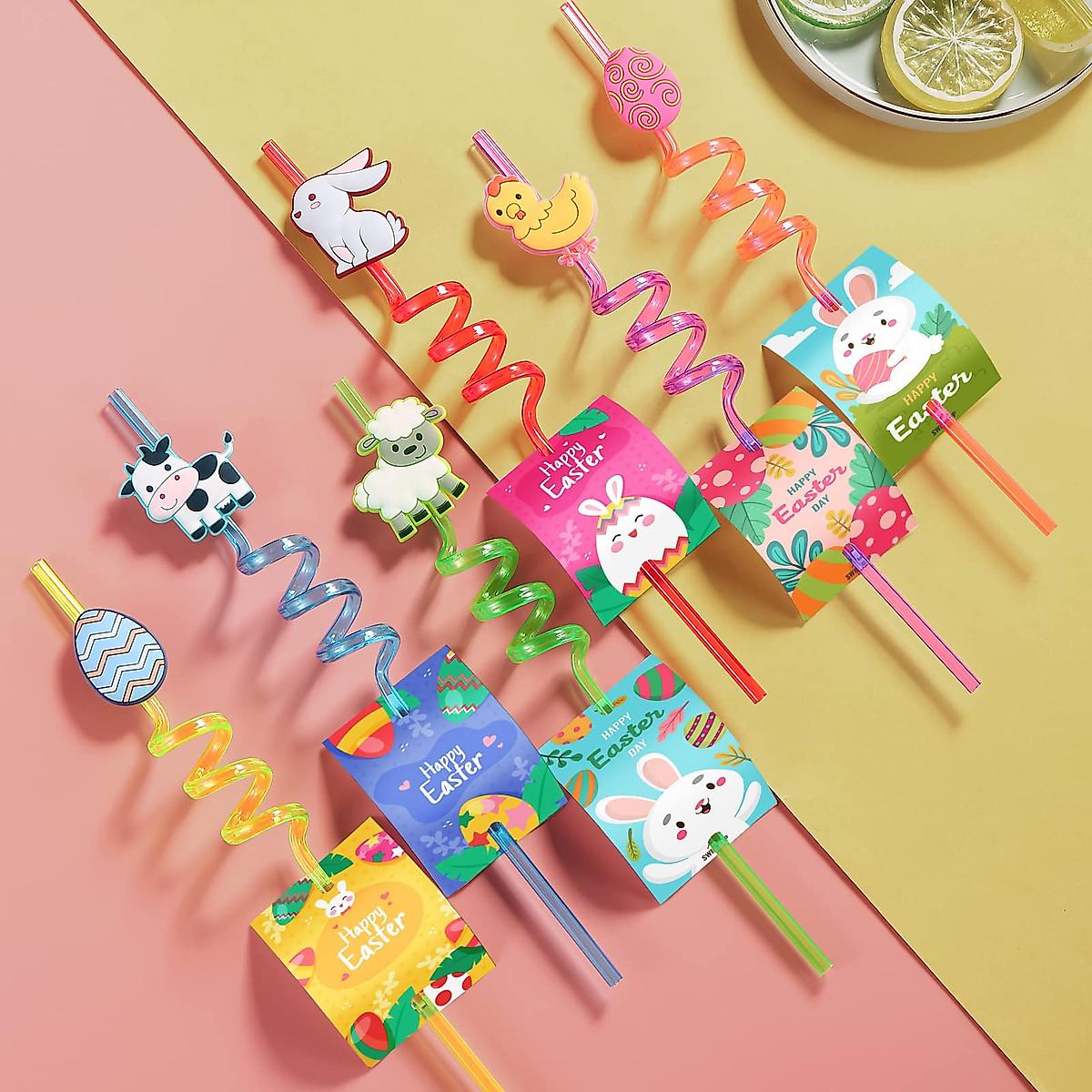 24 Easter Party Favors Easter Eggs Bunny Carrot Chicken Cow Sheep Drinking Straws for Kids Easter Gifts,Easter Party Supplies Decorations with 2 PCS Straws Cleaning Brush