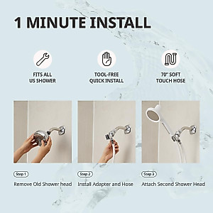 SECOND SHOWER NSF Certified Filtered Shower Head, Clinically Proven for Skin Health, High Pressure Luxury Handheld Filter for Hard Water, Premium 70” Hose, Reduces Frizzy Dry Hair (Pure Silver)