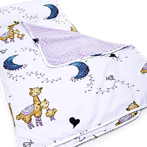 JumpOff Jo - Toddler Nap Mat - Sleeping Bag for Kids with Removable Pillow and Ultra Soft Blanket for Preschool, Daycare, and Sleepovers - Llama & Mama