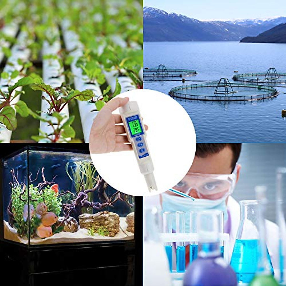 3 in 1 Water Quality Multi-Parameter pH EC Temperature Meter Tester Monitor Sensor Probe Test Kit ATC Waterproof Black-Light for Aquariums Hydroponics Laboratory Pool Spa Drinking Water