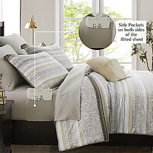 MaiRêve Grey Twin Bed in A Bag, Soft Grey Stripe Minimalist Comforter Set Urban House Design 6 Pieces for Boys Girls or Dorm Bedding(Mosaic Horizontal Stripes,Twin)