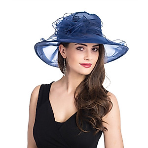 Lucky Leaf Women Church Cap Wide Brim Summer Sun Hat for Party Wedding(Hat1-2-Peacock Blue New)