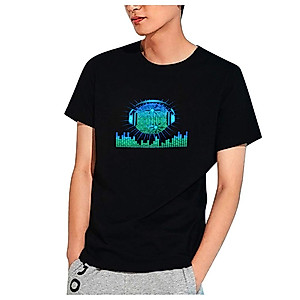 Top for Men Party Disco DJ Sound Activated LED Light Up and Down Flashing Glowing Printed Crewneck Short-Sleeve T Shirt