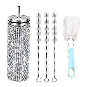 Glitter Water Bottles,Bling Cup -20oz Stainless Steel Diamond Water Bottle Insulated Cups with Lids and Straws Rhinestone ,Gift for Women Mom Girlfreind (silver)