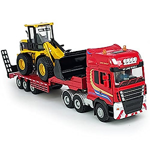 Flatbed Truck Toy with Excavator Loader Tractor Bulldozer Semi Tow Truck Transport Trailer Metal Diecast Construction Vehicles 2 in 1 Vehicle Playset Friction Powered Toy Trucks for Boys Kids Gift red