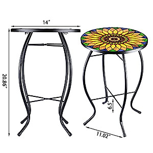 VCUTEKA Outdoor Side Table Mosaic End Table Patio Side Table Small End Table Glass Top Round Balcony Coffee Table Porch Indoor Glass Top