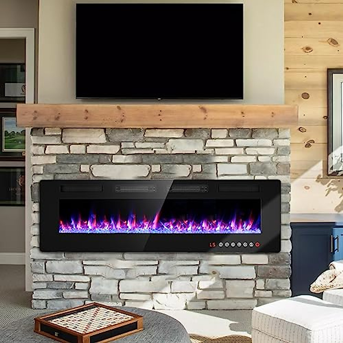 BREEZEHEAT 60inch Electric Fireplace Recessed Wall Mounted-Ultra Thin Fireplace Heater for Living Room/Bedroom with 2 Heat Vents, Remote Control, Touch Screen, Adjustable Flame, 8H Timer, 750w/1500w