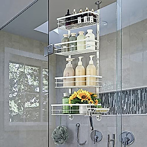 Hanging Shower Caddy, Adjustable 4 Tier Over The Door Shower Caddy, Rustproof Stainless Shower Organizer Hanging Shower Shelf with Soap Holder Basket and Hooks for Bathroom, White