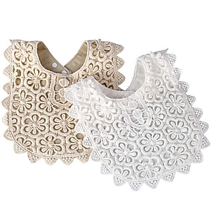 MeruniSkyBirds 2 Pack Baby Drool Bibs,Drooling and Teething Bibs Lace Fake Collar Bib Set for Toddler Girls Baby Gift (White+Beige)