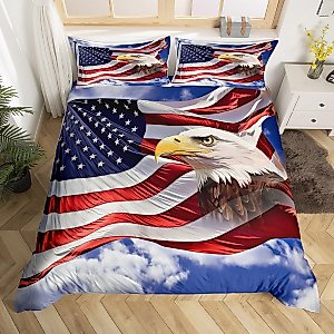 Erosebridal American Flag Bedding Set Bald Eagle Duvet Cover Patriot United States Flag Comforter Cover for Kids Teen Boys Independence Fourth of July Theme Quilt Cover with 2 Pillow Cases Queen Size