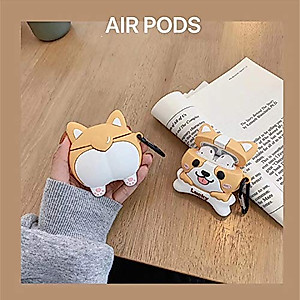 Coralogo for Airpods 1/2 Cute Case, 3D Cartoon Animal Character Soft Silicone Airpod Skin Dog Funny Fun Cool Keychain Design Accessories Cover Air pods Cases for Kids Teens Girls Boys (Lucky Corgi PP)