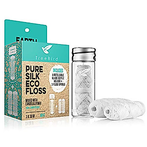 Biodegradable Dental Floss by TreeBird | Refillable & Reusable Zero Waste Glass Dispenser | 3x33yd Waxed Natural Cruelty Free Peace Silk Spools | 100% Compostable | Eco Friendly Plastic Free Oral Care