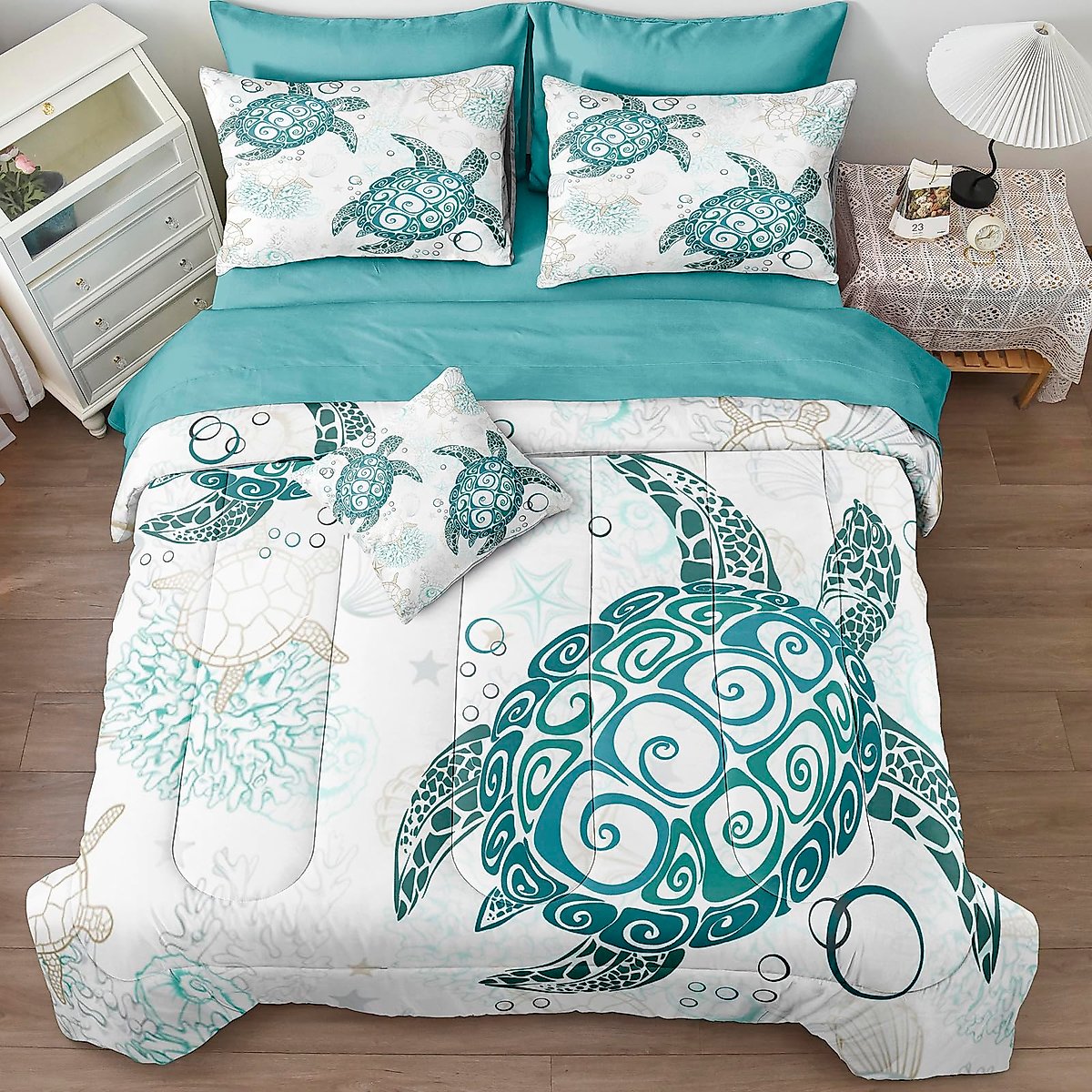 MOVE OVER Coastal Bedding Set Queen Size Sea Turtle Comforter Set with Sheet Set Teal Blue Ocean Comforter Set Beach Theme Bedding Set 8 Pieces Teal Sea Turtle Bedding Set for Summer