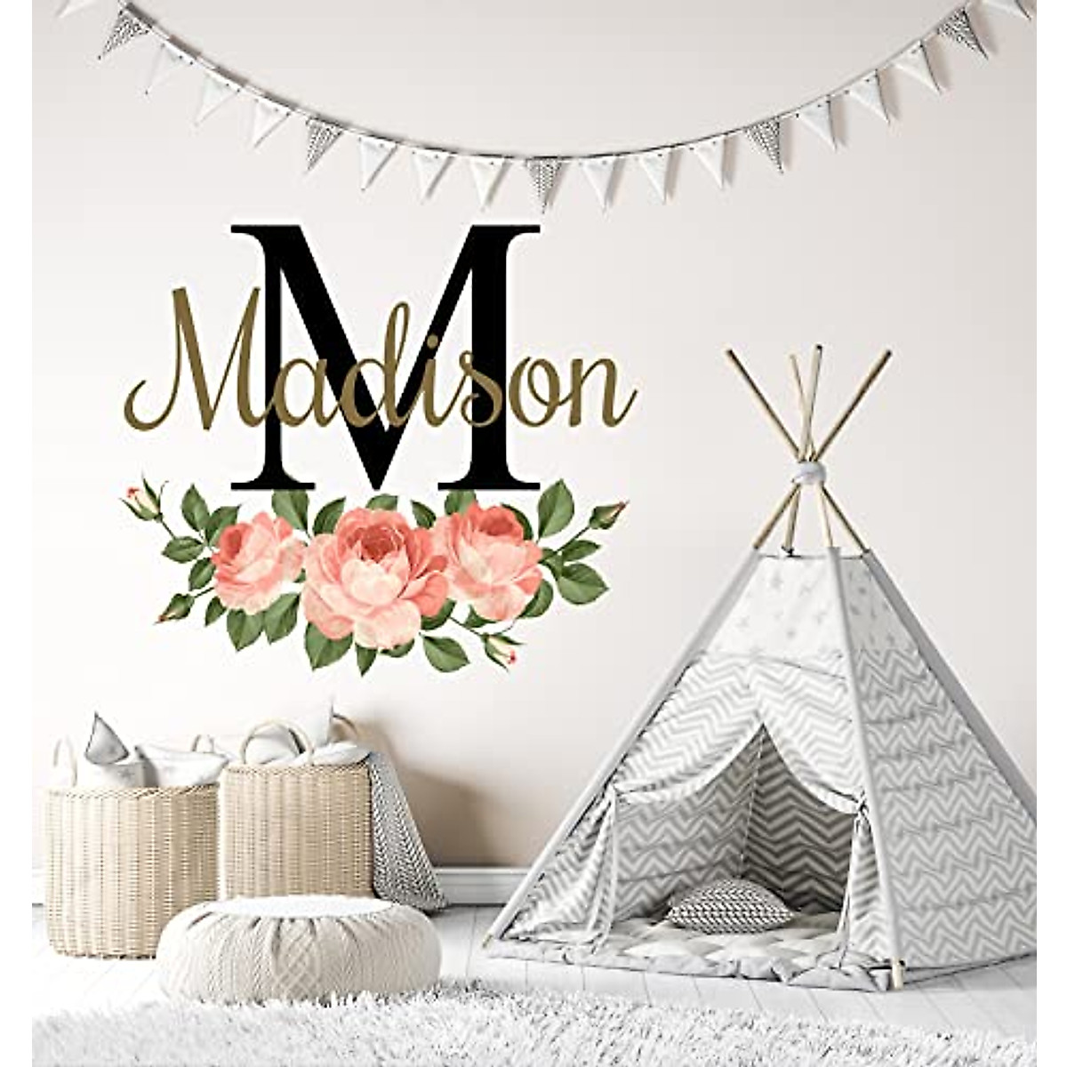 CuteDecals Flowers Custom Name & Initial Wall Decal - Personalized Peonies Art Decor Mural Girls Stickers For Nursery Bedroom Decoration (Mini Wide 15''x13'' Height)