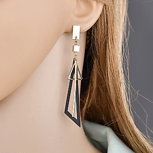 Nilu's Collection Women's Fancy Hollow Triangle Long Geometric Drop Earrings(Gold & Black) (Gold & Black)