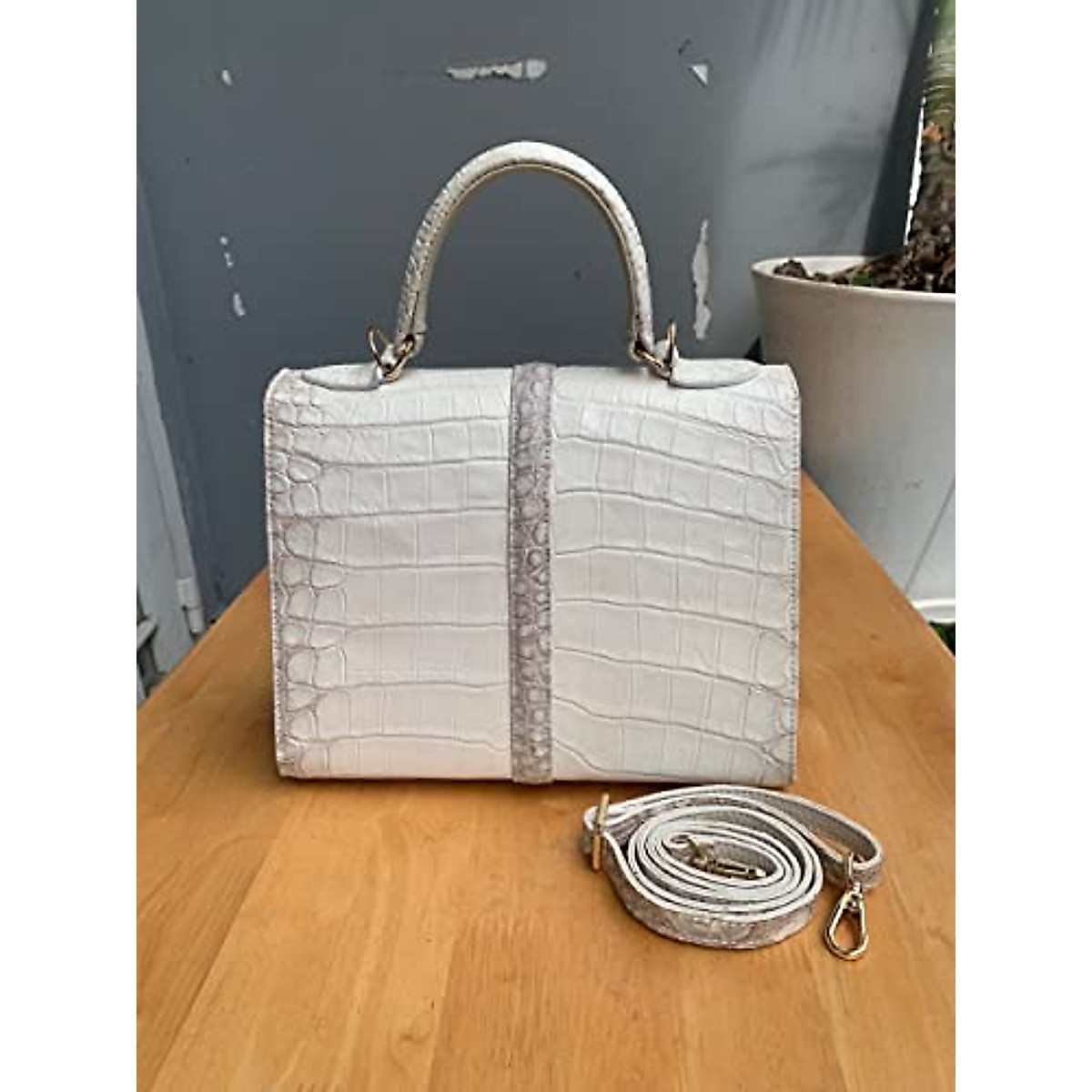 Vietnamese Genune Himalayan crocodile alligator leather skin totes bag, handbag, top handle bag for women, luxury formal event ladies purse, White Accent Gray