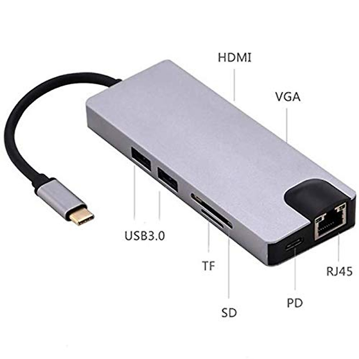 Pocket-Sise Design Multi-fuction 8 in 1 USB 3.1 Type C Adapter Docking Station Combo (Aluminum Alloy Made) with PD Charge/USB 3.0X2/1000M Gigabit LAN/4K HDMI/VGA/TF/SD