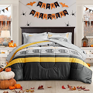 Stripes Bed in a Bag Queen Size 7 Pieces Black Gray Yellow Comforter Sheet Set with Circles All Season Bed Comforter Set (1 Comforter 2 Pillow Shams 1 Flat Sheet 1 Fitted Sheet 2 Pillowcases)