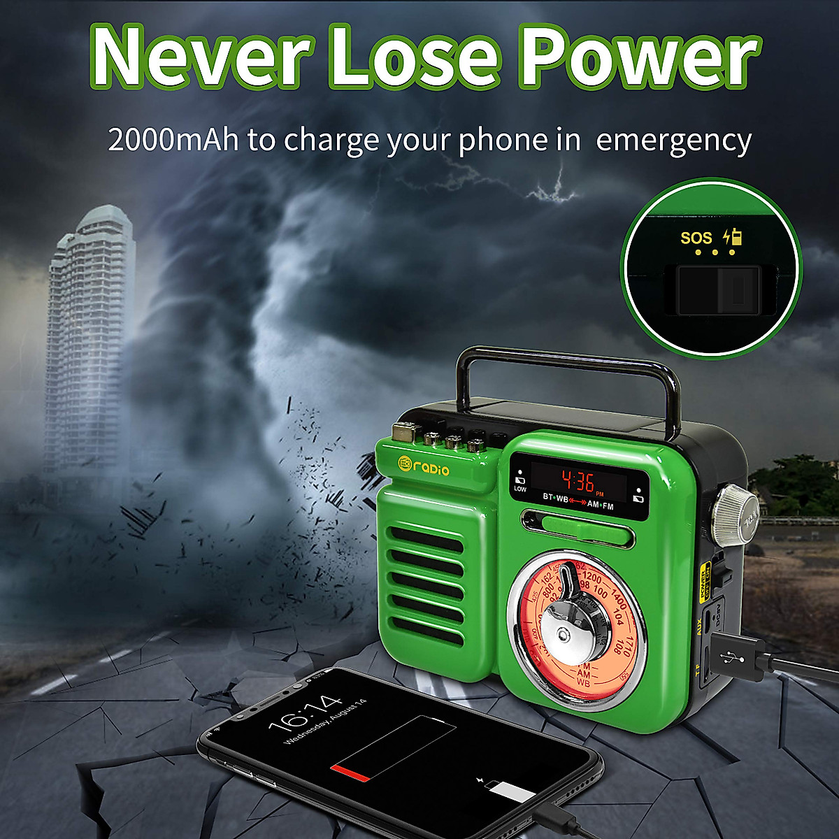 Emergency Weather Hand Crank Radio, Solar Powered, Hand Crank, AM/FM/NOAA Weather Radio,Phone Charger,Aux Music Play, SOS Alarm, LED Flashlight for Hurricanes,Tornadoes Green