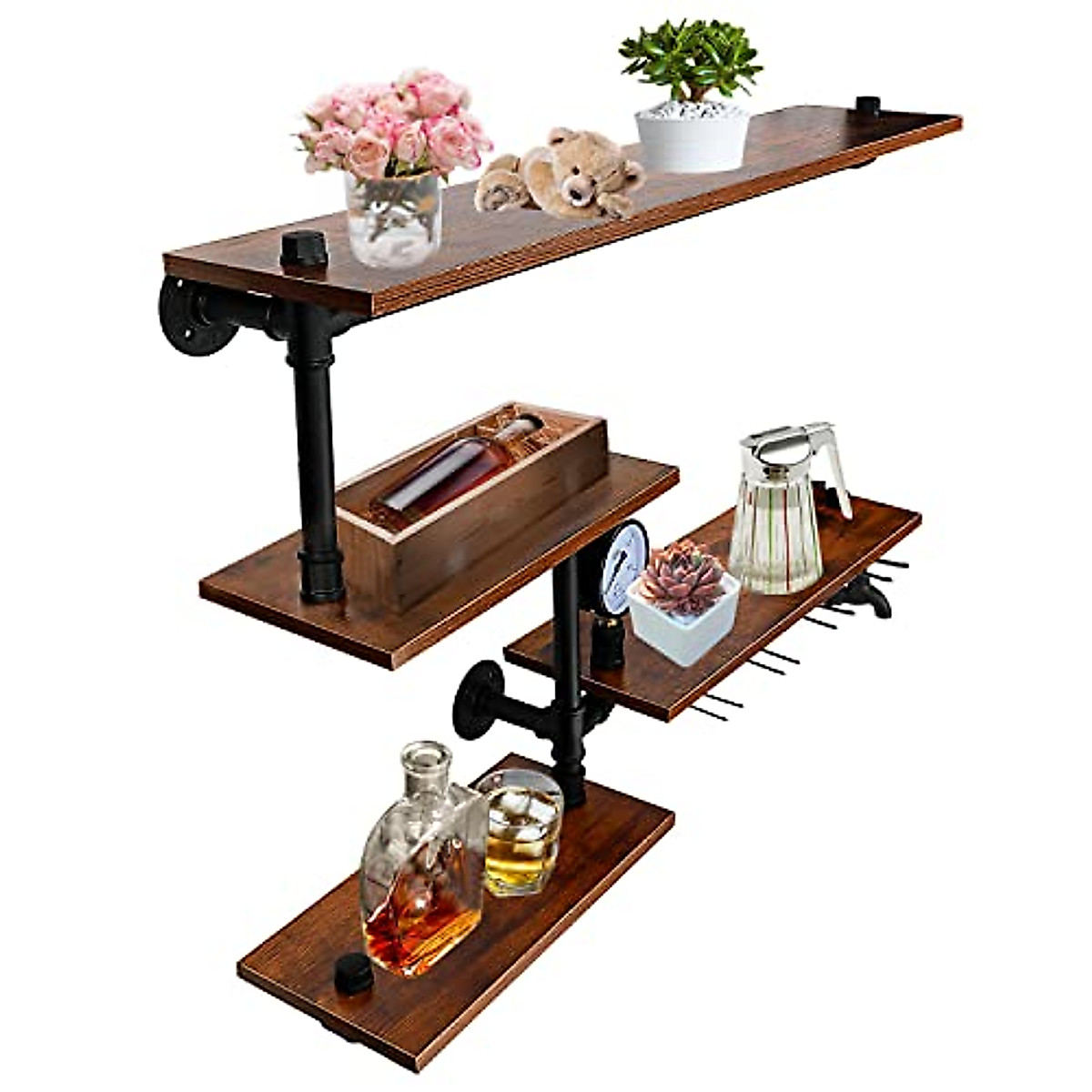 Rocomoco Industrial Pipe Shelving Wine Rack Wall Mounted with 4 Stem Glass Holder 39 Inch Bar Shelf Rustic Metal Floating Wall Bar Shelf 4-Tiers Hanging Liquor Wood Shelves Glass Rack for Kitchen