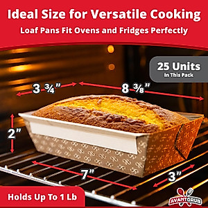 Chef-Grade 7x3in 1Lb Paper Loaf Pans w/Lids 25 Pk. Elegant Disposable Bakeable Kraft Pan Supplies for Baking Bread, Small Meatloaf, Bundt Cake, Sweets for Holiday Gifts Bake Sales or Fundraiser.