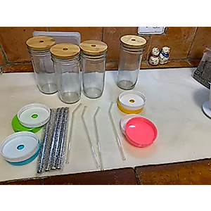 4 Pack Glass Cups Set - 24oz Mason Jar with Bamboo Lids and Glass Straw & 12 Airtight Lids, Brush - Boba Drinking Glasses, Reusable Travel Tumbler Bottle for Iced Coffee, Smoothie, Bubble Tea, Gift