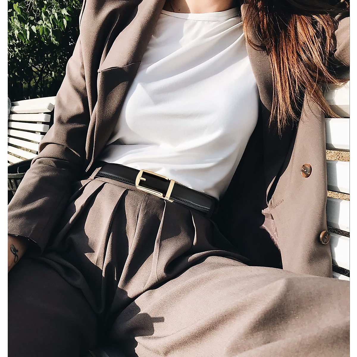 CR Belt for Women - Black Belt with Gold Buckle Women - 1.25" Adjustable Ladies Ratchet Belts