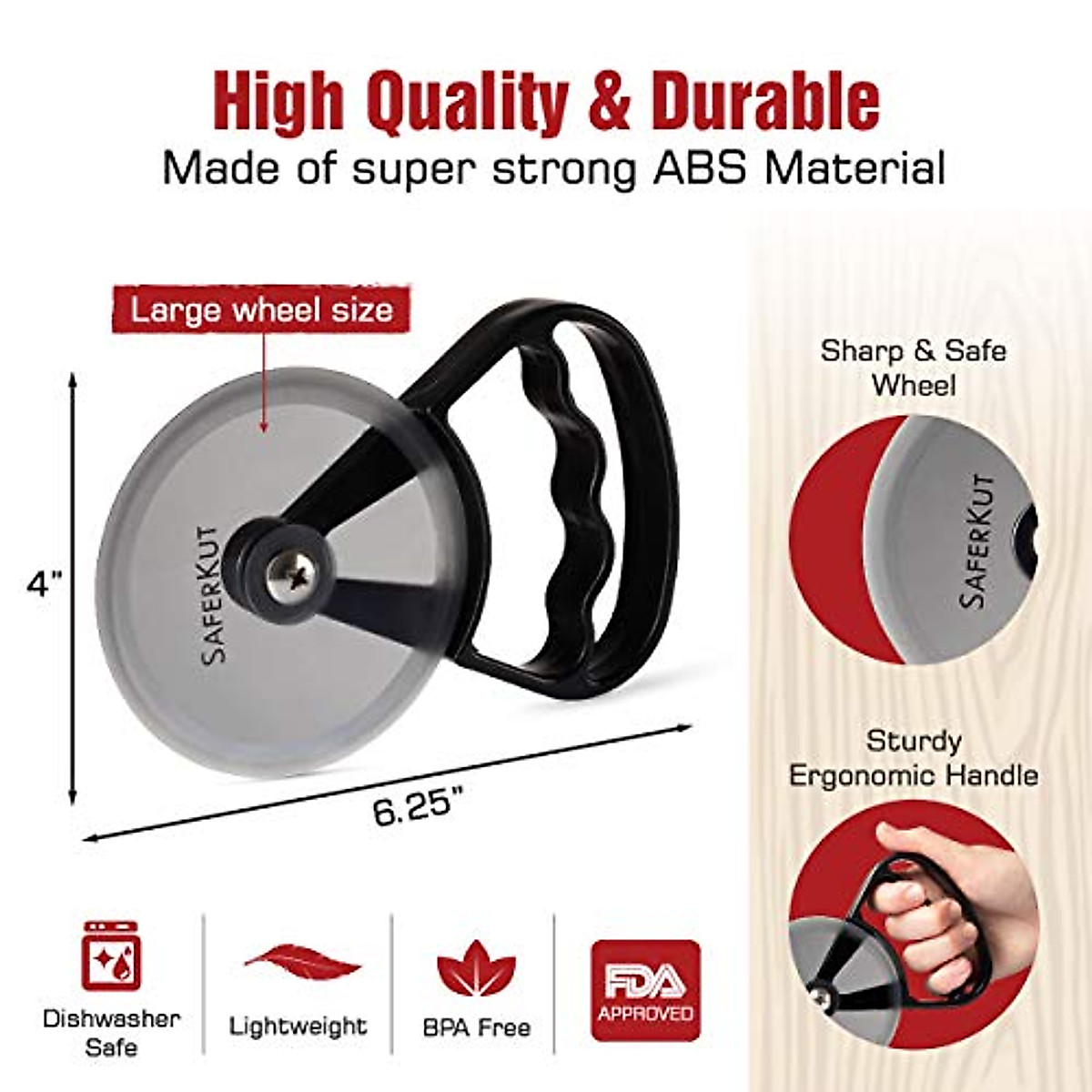 EZFries SaferKut Sharp Pizza Wheel Cutter by Safe on FINGERS Great for Non-Stick Pans – High Grade Thermo Plastic Blade with Easy-to-Use Ergonomic Design Handle