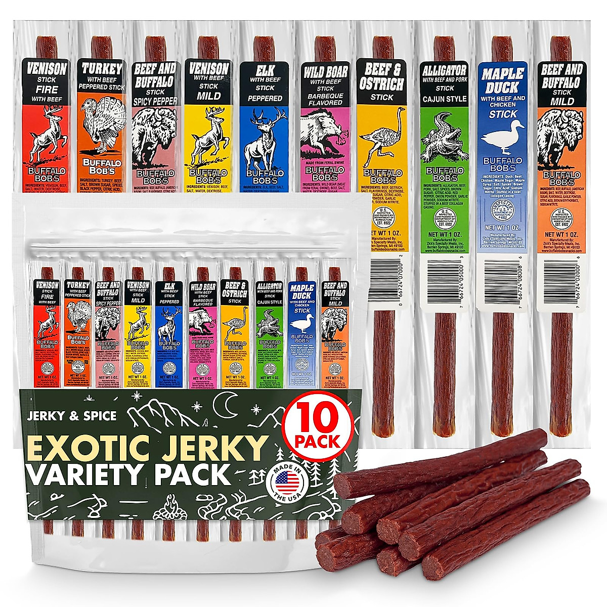 10 Piece Game Jerky Sticks Alligator-elk-buffalo-kangaroo-ostrich-pheasant-venison-wild Boar Variety Pack