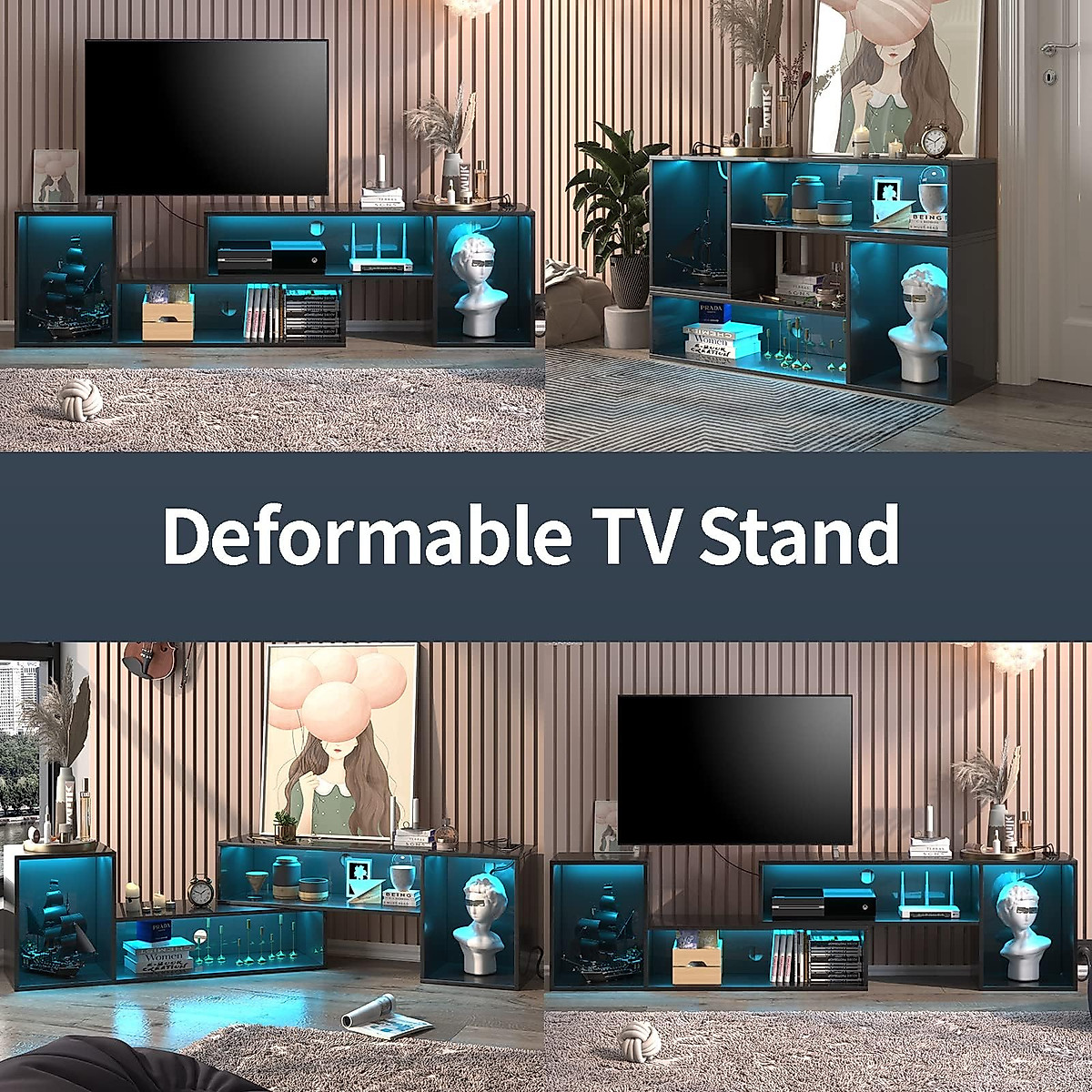 TV Stand, Deformable TV Stand with LED Strip & Power Outlets Free-Combination Entertainment Center for 50 55 60 65 Inch TV,Console TV Stand Modern TV Table Media Stand, DIY Open Storage Bookcase Shelf