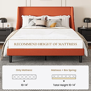 SHA CERLIN Upholstered Bed Frame Queen Size with Streamlined Wingback Headboard, Breathable Linen Fabric, Solid Wooden Slats, Easy Assembly, Orange