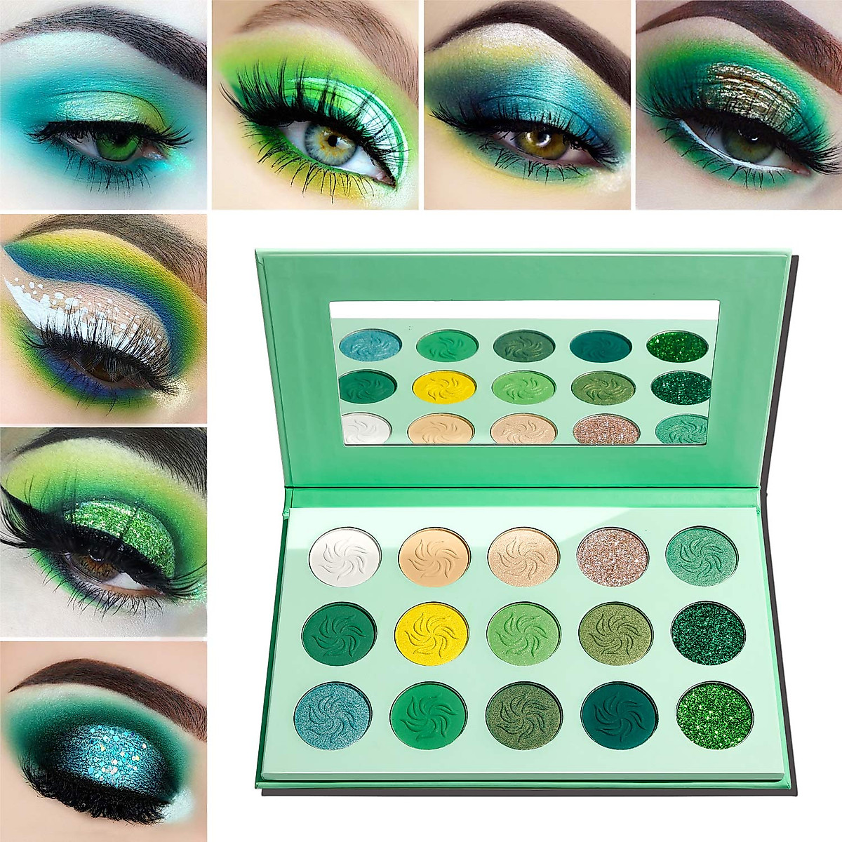 Afflano Green Eyeshadow Palette, Green Glitter Eyeshadow Highly Pigmented, Forest Emerald Green Christmas Makeup Palettes, Yellow Lime Grass Grinch Green Makeup Eye Shadow Pallet 15 Color