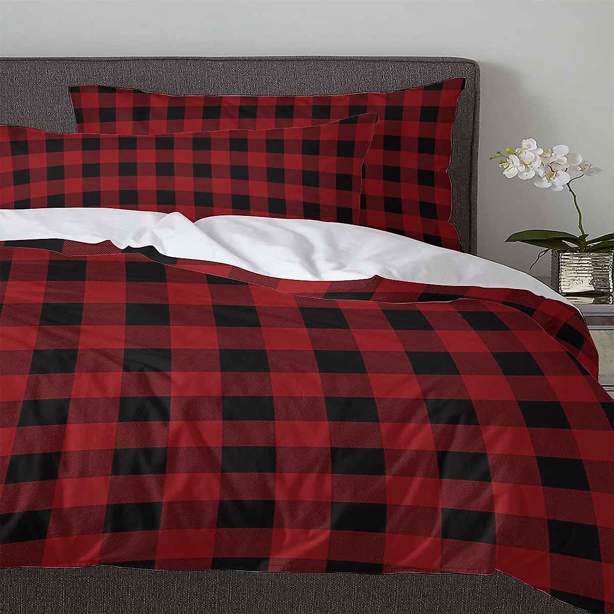 Savannan Duvet Covers 3 Pieces Set California King Size, Christmas Red and Black Plaid Buffalo Check Farmhouse Decoration Bedding Set with Zipper Closure & Corner Ties (1 Duvet Cover + 2 Pillow Sham)