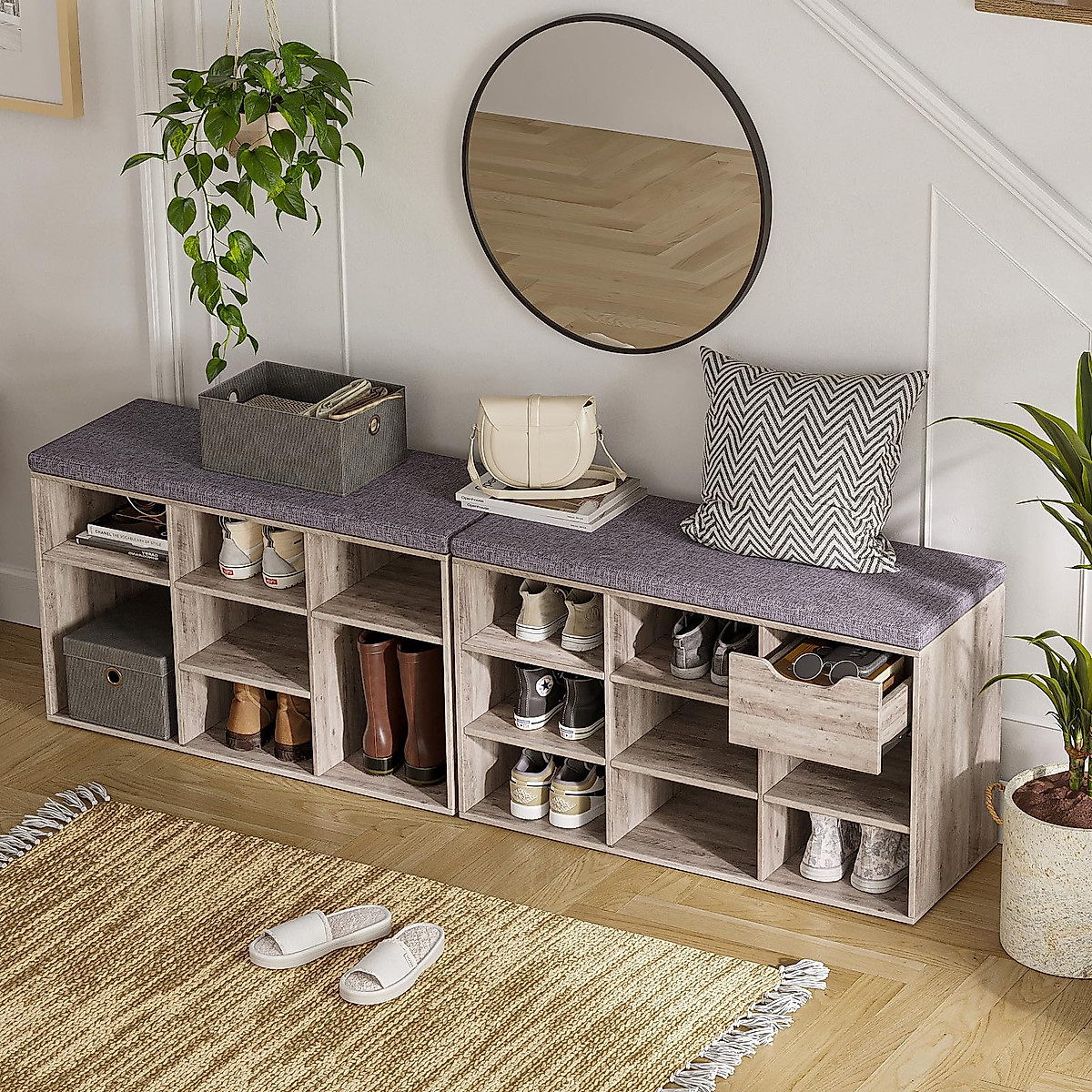 DINZI LVJ Shoe Bench, 9 Cubbies Shoe Organizer for Entryway, Storage Bench with Cushion, Cubby Shoe Rack with Adjustable Shelves for Living Room, Bedroom, Mudroom, Hallway, Greige