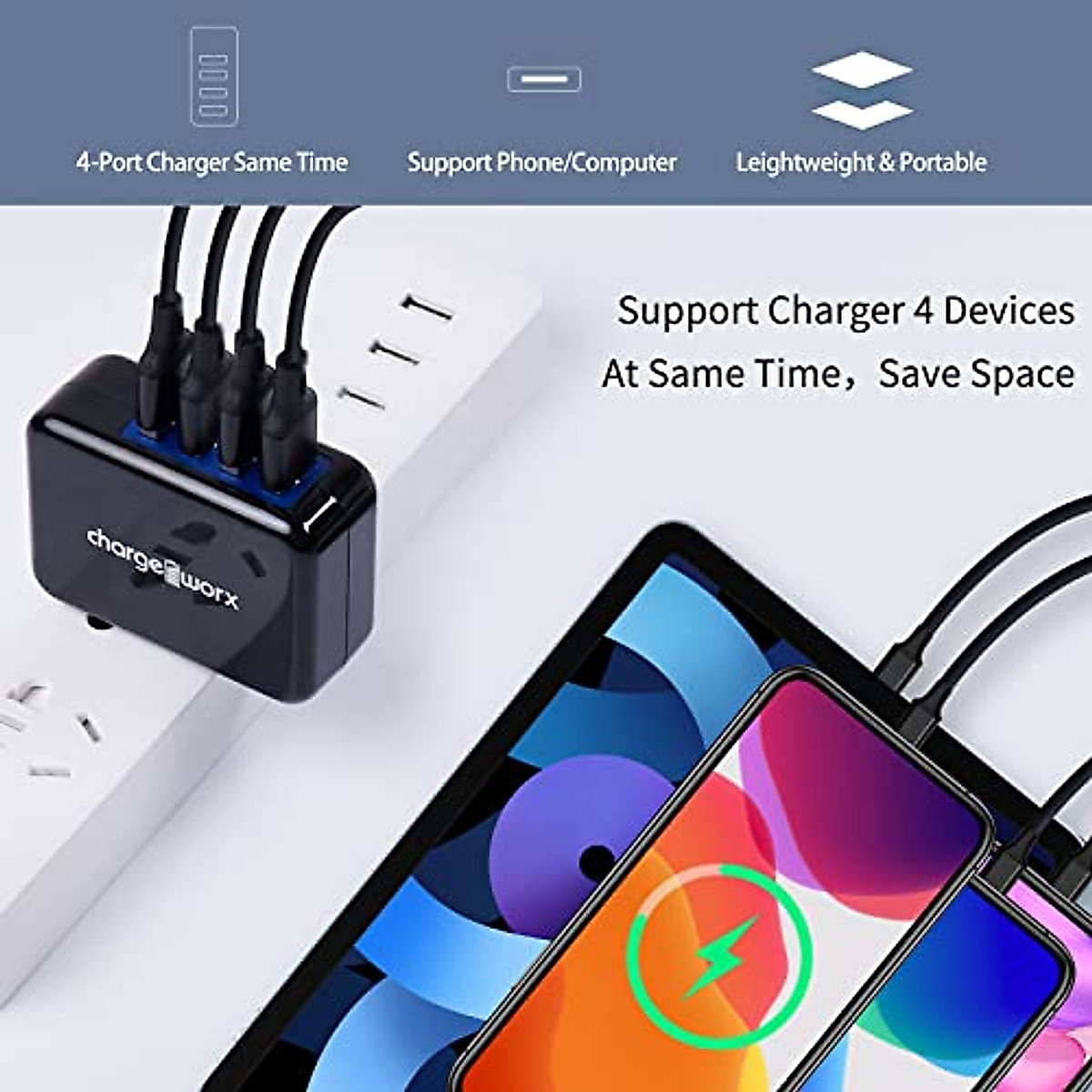 USB Charging Hub Charger Block Wall Charger USB Charger Adapter Charging Station 4 Multi Port Fast Charger Power Block with Cable for iPhone 12 Pro Max Plus Samsung Multiple Device Phone Tablet Laptop
