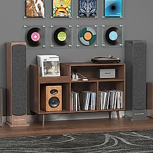 Furtivusia Mid Century Modern Record Player Stand with Power Outlet - Holds up to 350 Albums, Vinyl Record Storage Cabinet and Turntable Stand