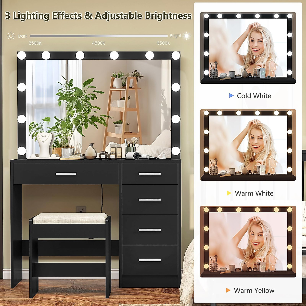 usikey Makeup Vanity with 12 Lights, Vanity Desk with Power Outlet, Makeup Vanity Table with 5 Drawers, Large Mirror, Dressing Vanity Table with Stool for Bedroom, Bathroom, Black