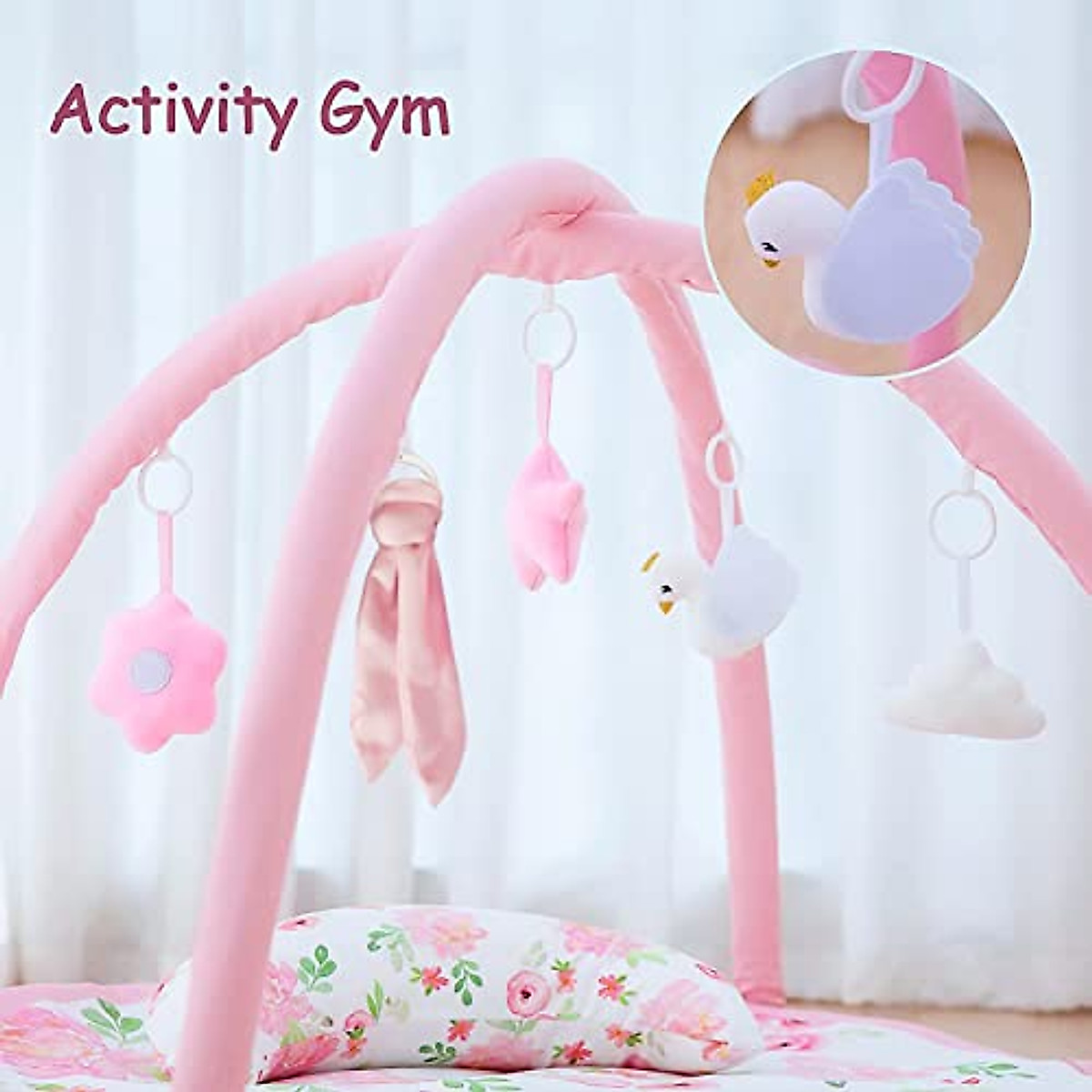 Baby Gym Infant Play Mat for Newborn Toddler Activity Gym Baby Play Gym with 5 Toys, Thicker Mat Washable