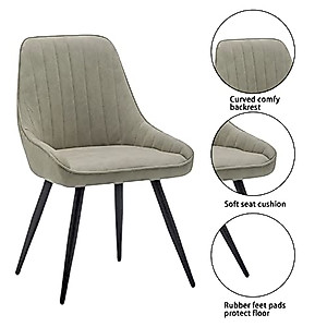 Alunaune Modern Dining Chairs Set of 2 Upholstered Kitchen Chairs, Mid Century Armless Leisure Accent Chair, Living Room Faux Suede Desk Side Chair with Metal Legs-Grey Green