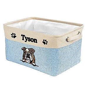 MALIHONG Personalized Foldable Storage Basket with Funny Dog English Bulldog Collapsible Sturdy Fabric Pet Toys Storage Bin Cube with Handles for Organizing Shelf Home Closet, Blue amd White