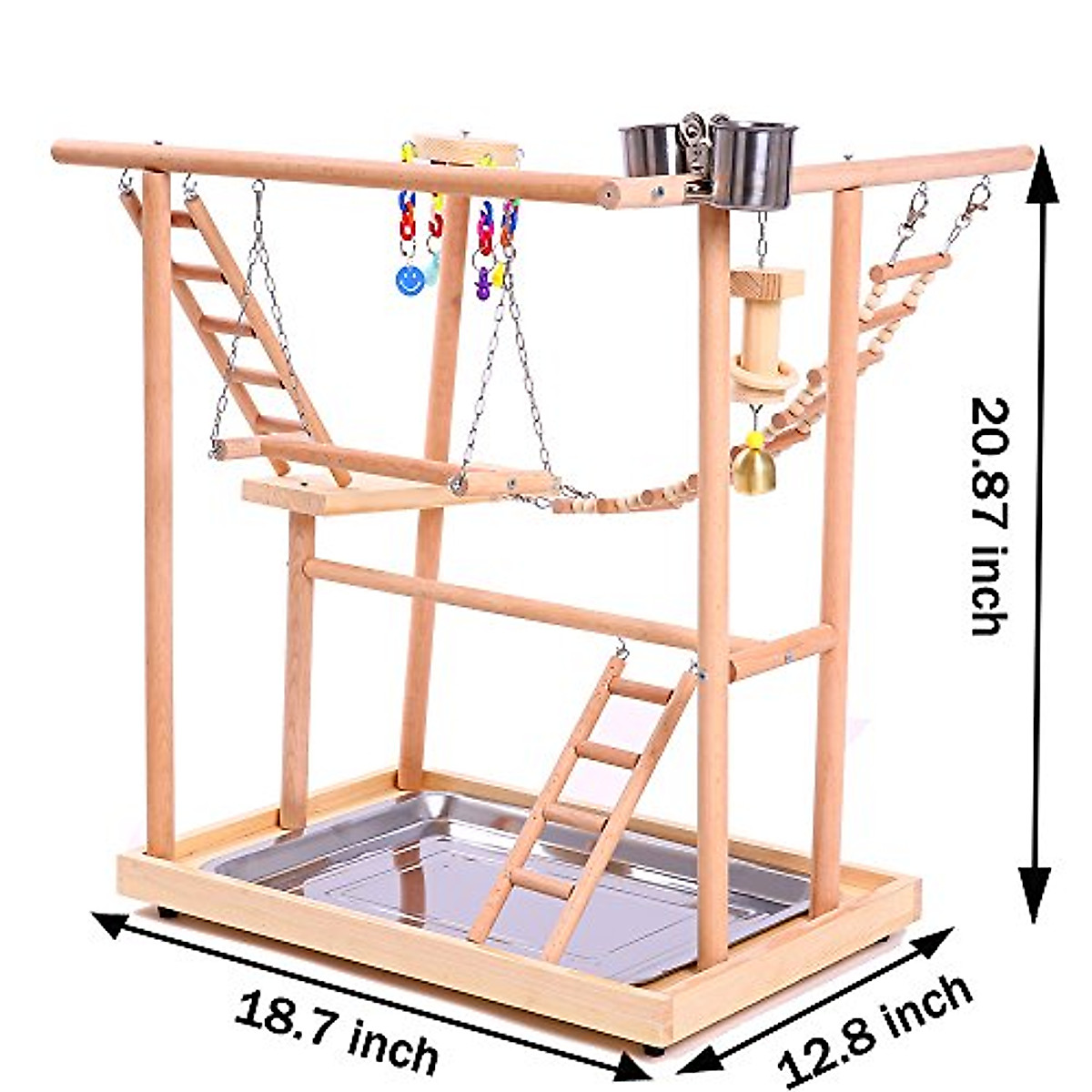QBLEEV Wood Parrot Playground Perches with Swing,Birds Chewing Climbing Ladder Toys, Bird Training Play Stands Feer Cups for Parakeets Conures Cockatiel Lovebirds (18.7" L *12.8" W *20.87" H)