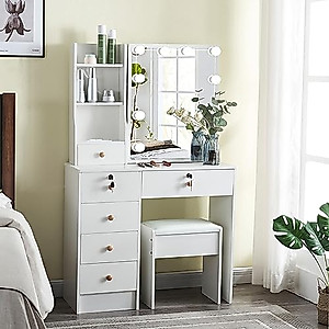 JBLCC Makeup Vanity with Lights Mirror, Makeup Table Set Vanity Mirror with Sliding Mirror, Vanity Desk with Storage Shelves, Drawers, Modern Vanity Table for Bedroom (62605)